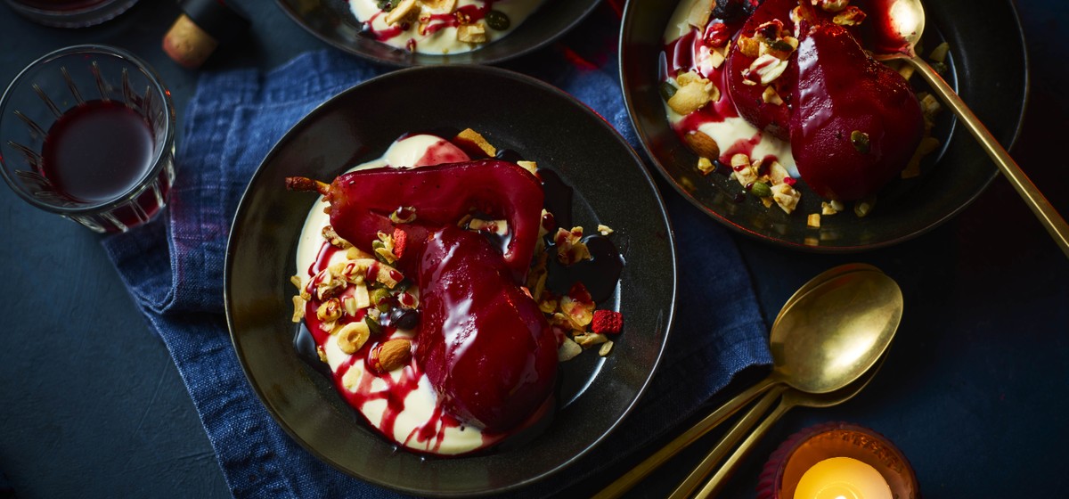 Port-Poached Pears with Granola | Recipes | M&S Recipe | M&S