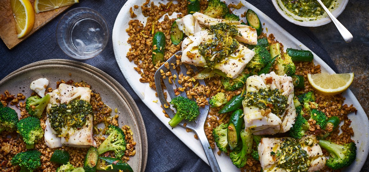 Cod with grains, greens and pesto Recipe | M&S