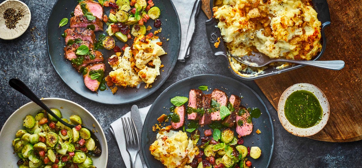 Spiced lamb loin, cauliflower cheese, brussels sprouts and mint sauce ...