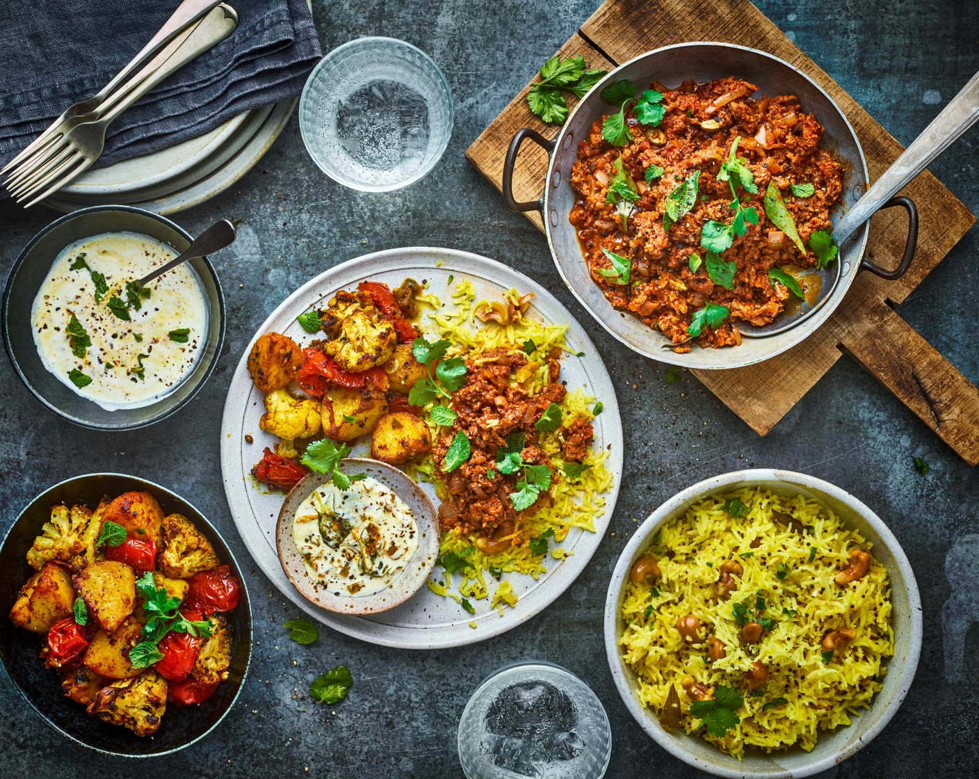 Lamb masala keema, aloo gobi, lemon rice and kachimoru Recipe | M&S