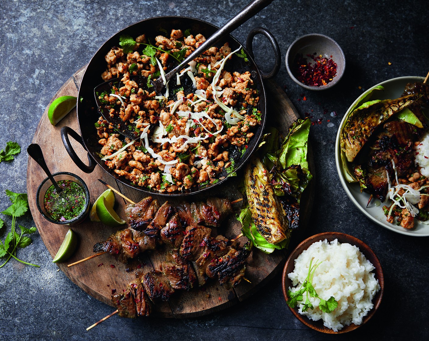 Northern Thai chicken larb and pork shoulder skewers with sticky rice ...
