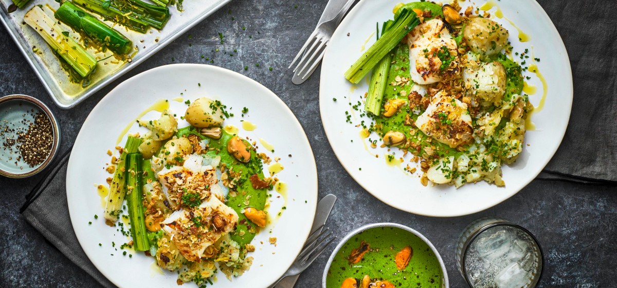 Oat and sesame crusted cod loin with braised leeks and parsley sauce ...