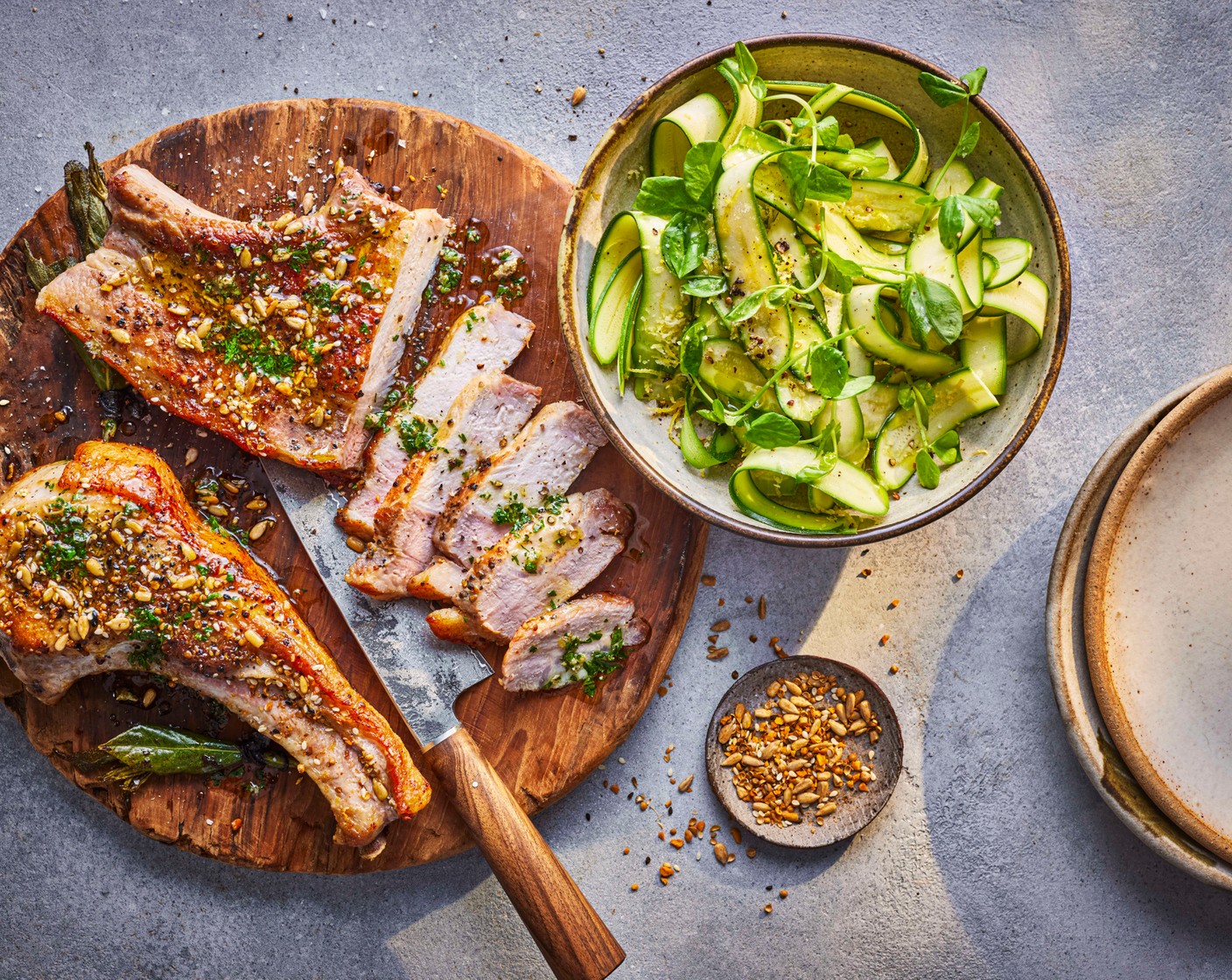 Dukkah Tomapork Steak with Courgette Salad | Recipes | M&S Recipe | M&S