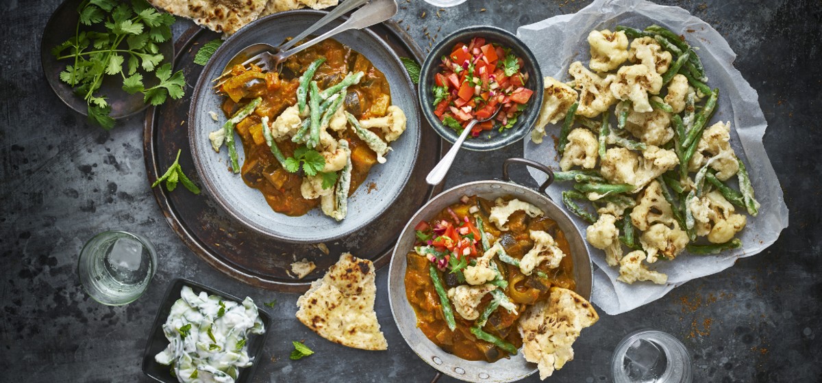 Goan vegetable curry with tempura, raita, salad and roti Recipe | M&S